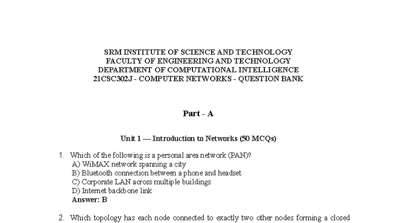 21CSC302J Computer Networks Question Bank - MCQs for Units 1-3 - Studocu