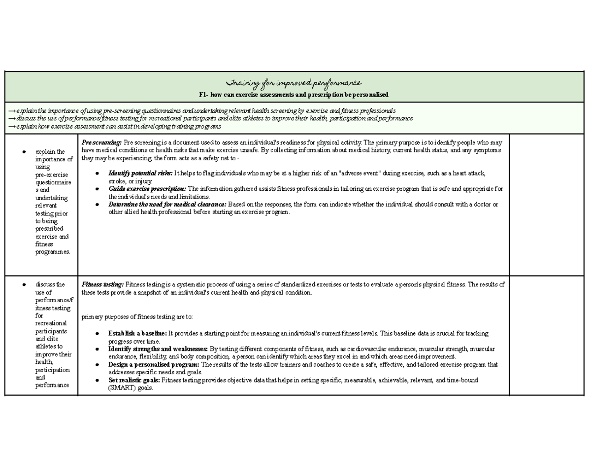 Health and Movement Notes F1 & F2: Personalised Exercise Assessments ...