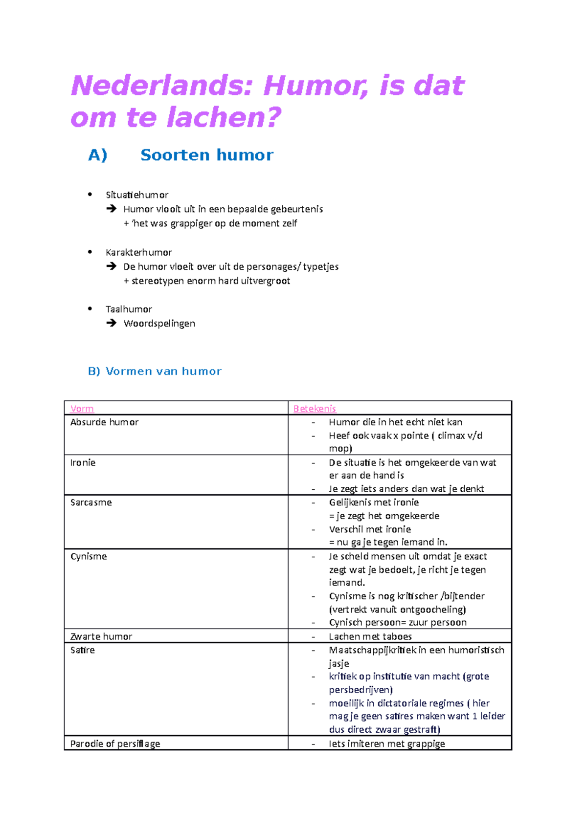Samenvatting humor - Nederlands: Humor, is dat om te lachen? A) Soorten ...