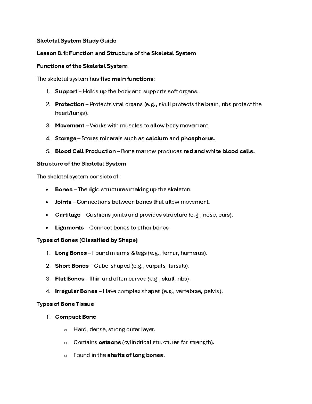 Skeletal System Study Guide: Functions & Structure (Lesson 8.1) - Studocu