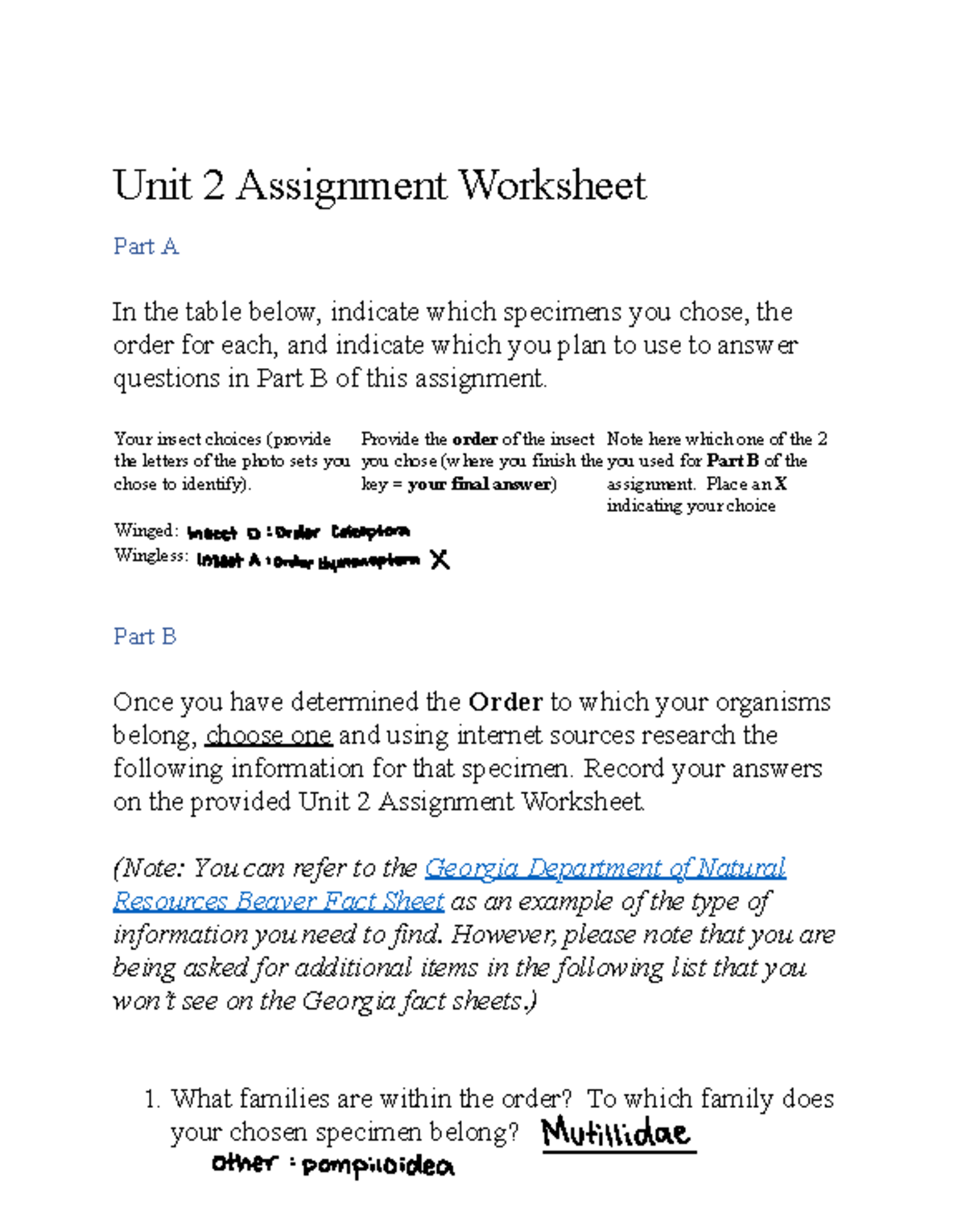Bio 1012k Unit 2 Assignment - Unit 2 Assignment Worksheet Part A In the table below, indicate ...