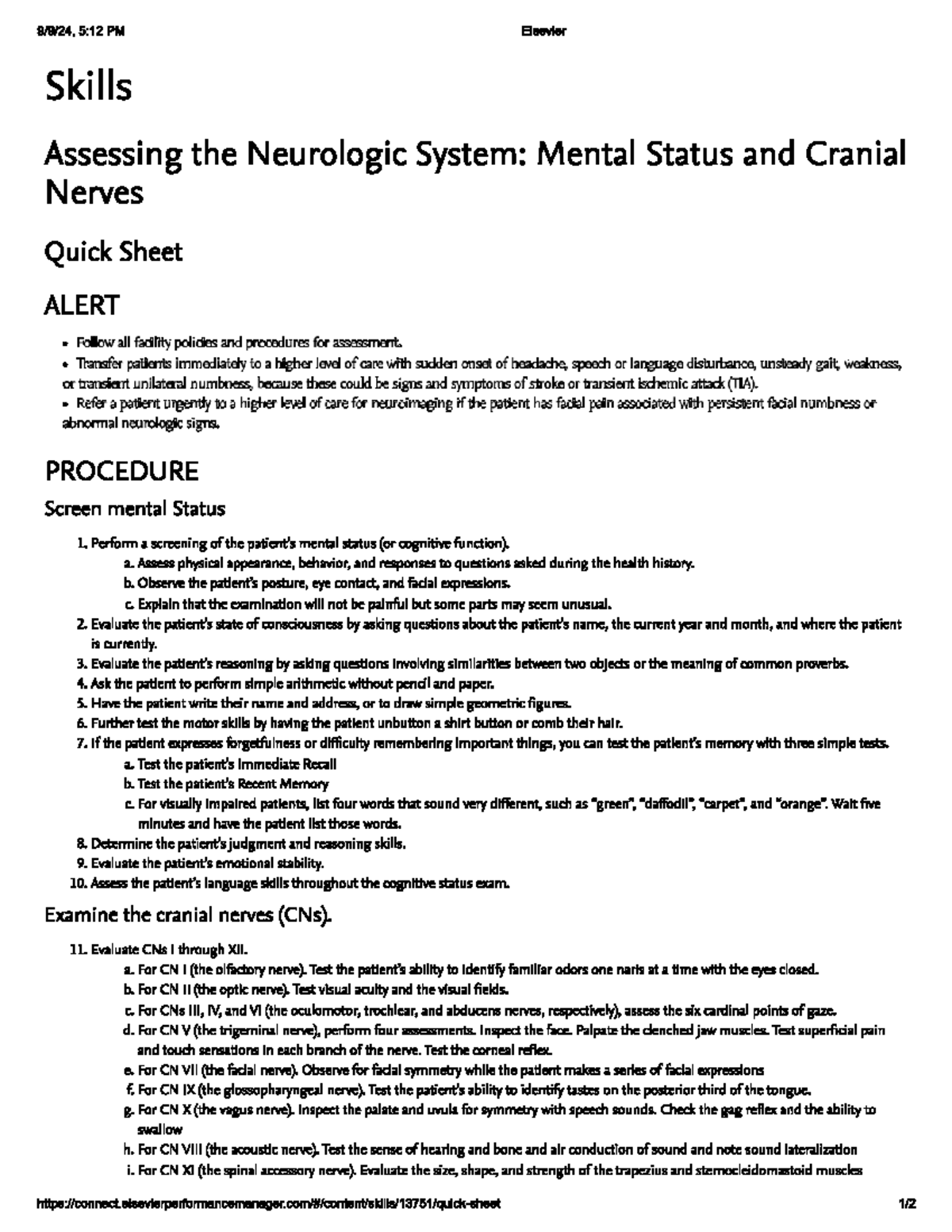 5:12 PM Elsevier Skills: Assessing Neurologic System & Cranial Nerves ...
