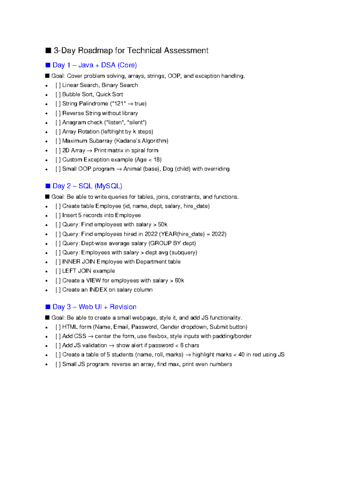 3-Day Tech Assessment Roadmap: Java DSA, SQL, Web UI - Studocu