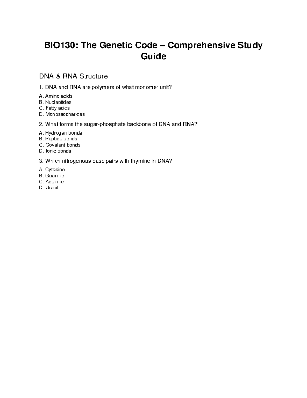 BIO130: Comprehensive Study Guide on Genetic Code & DNA/RNA Structure ...