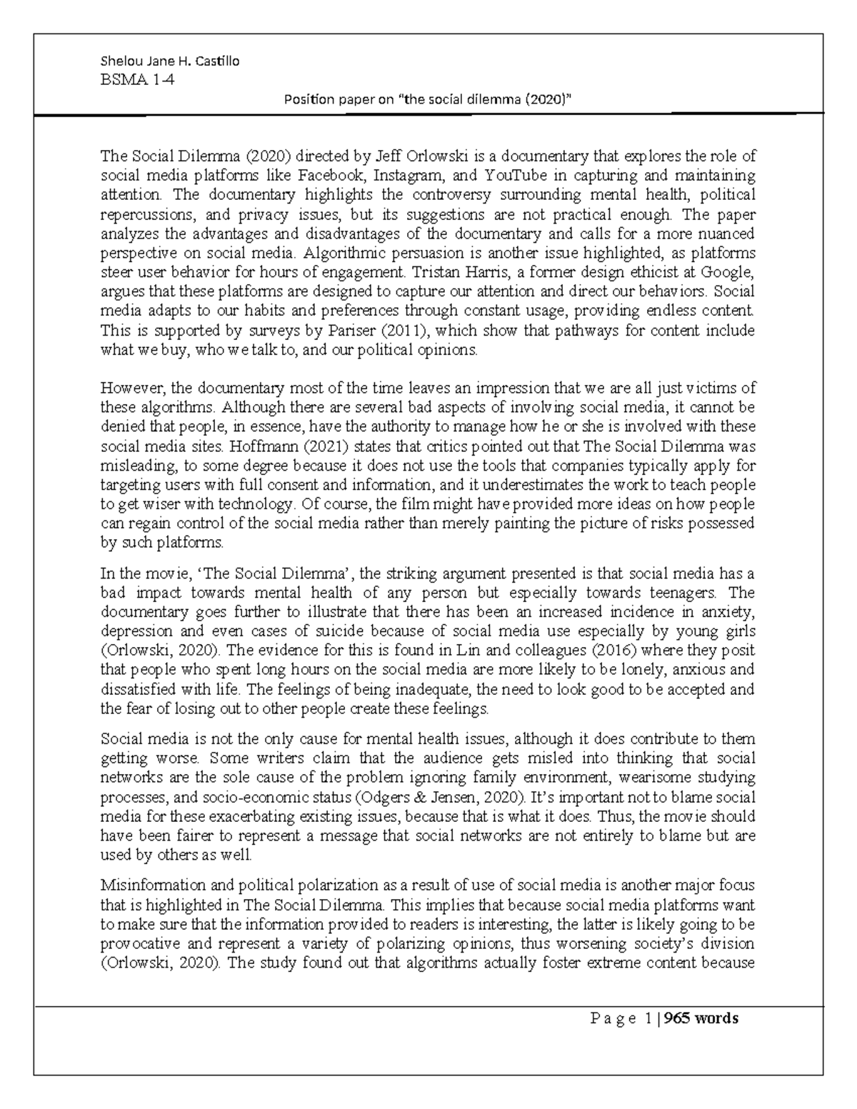 Position Paper on The Social Dilemma (BSMA 1) - Analyzing Impacts ...