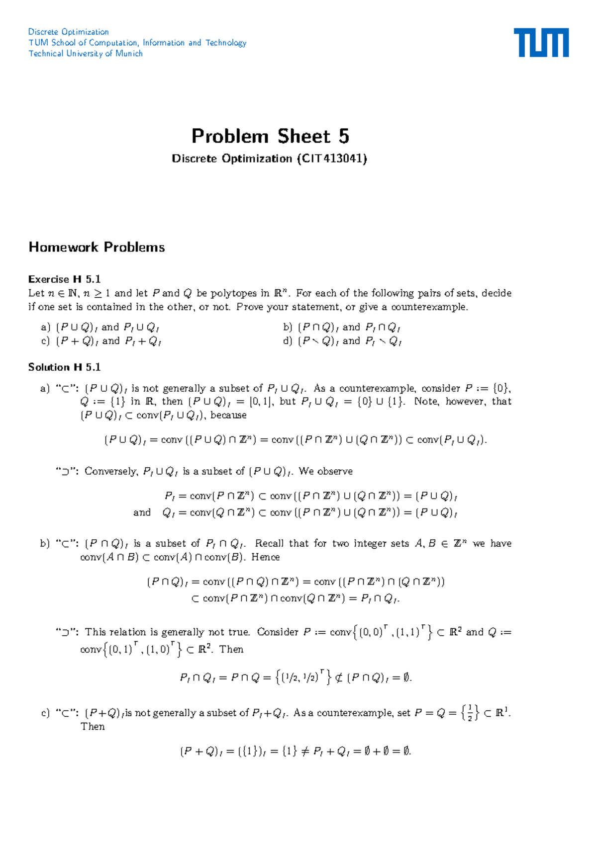 Problem Sheet 5 Solutions for Discrete Optimization (CIT413041) - Studocu