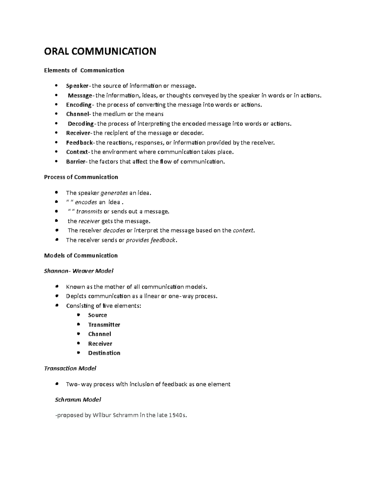 Oral Comm Lecture Notes - Elements & Processes of Communication - Studocu
