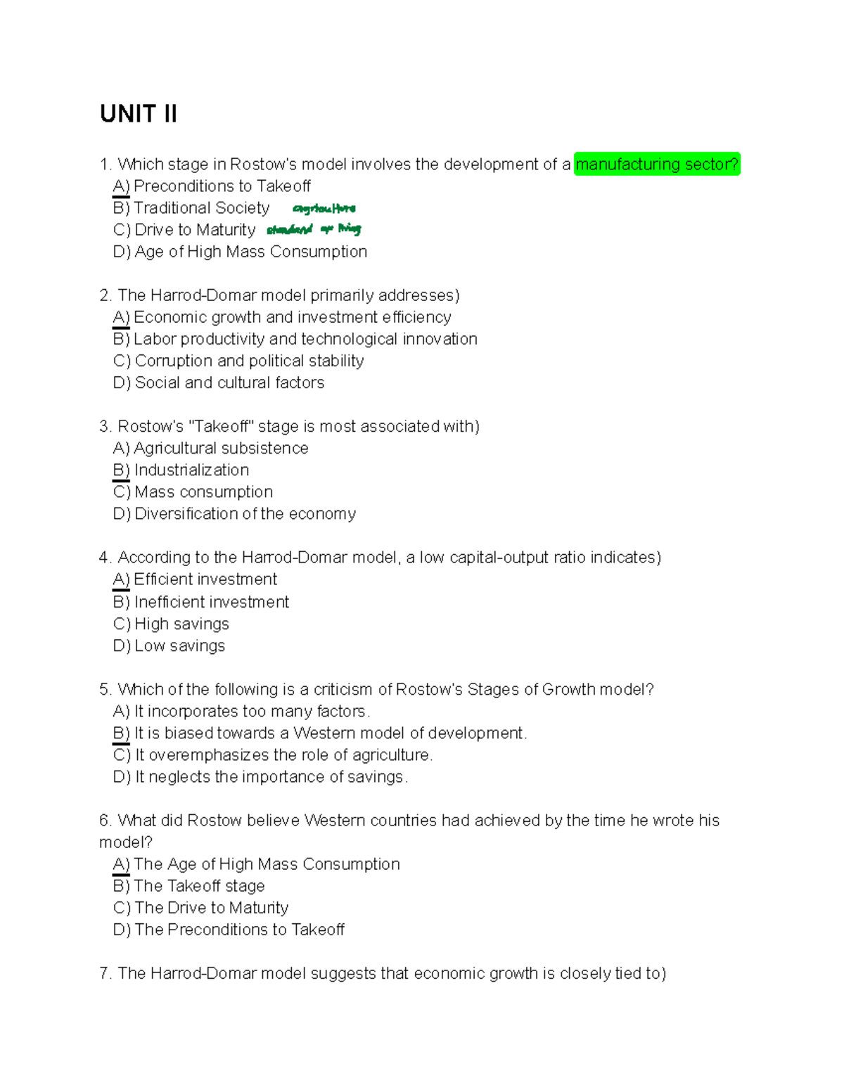 ECON DEV-UNIT 2 MCQ: Stages of Growth & Dependency Theories - Studocu