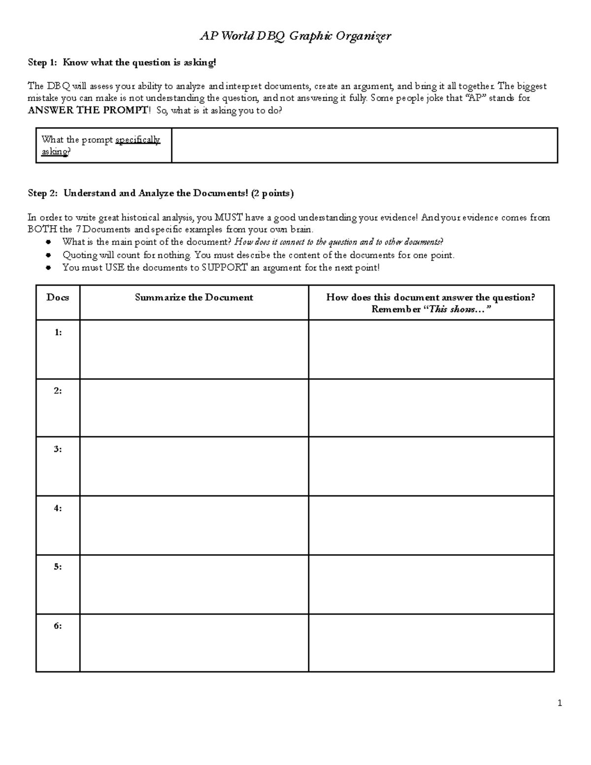 AP World DBQ Graphic Organizer: Steps to Analyze & Answer the Prompt ...
