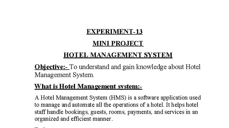 MINI PROJECT DBMS: Hotel Management System Overview - Studocu