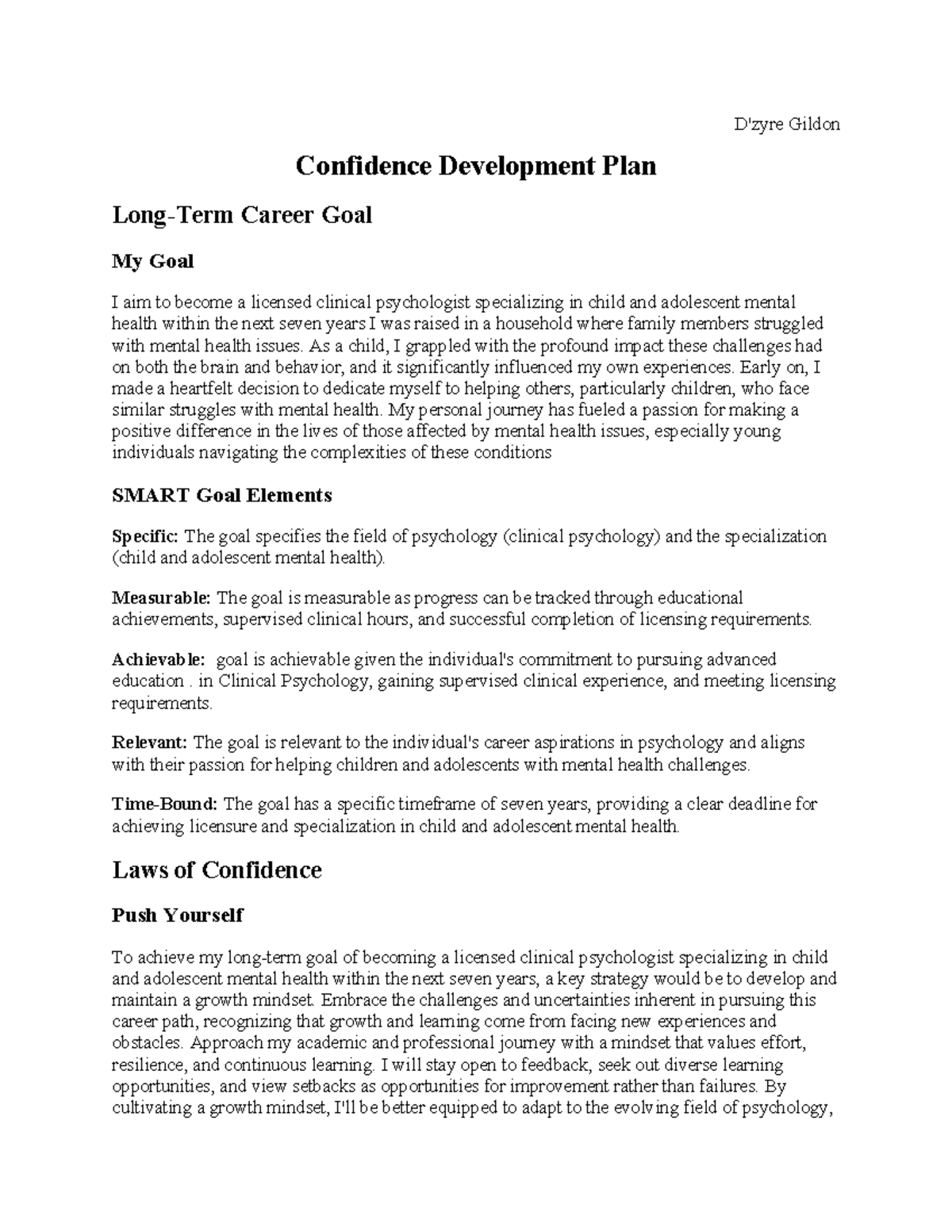 WRK110 Week 9 - Confidence Development Plan for Clinical Psychology ...