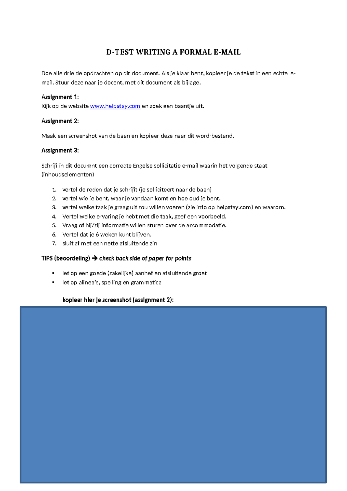 D-test Writing a Formal Email Assignment with Rubric - Studeersnel