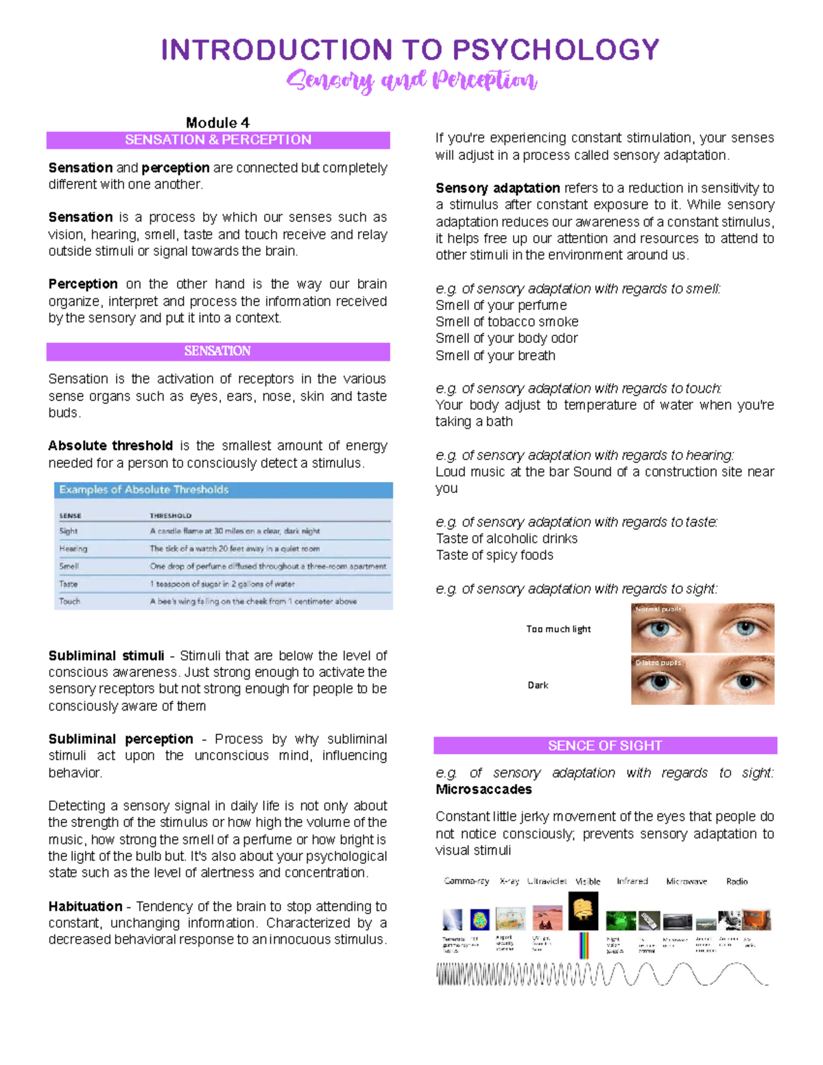 Introduction to Psychology: Sensation and Perception (Module 4) - Studocu