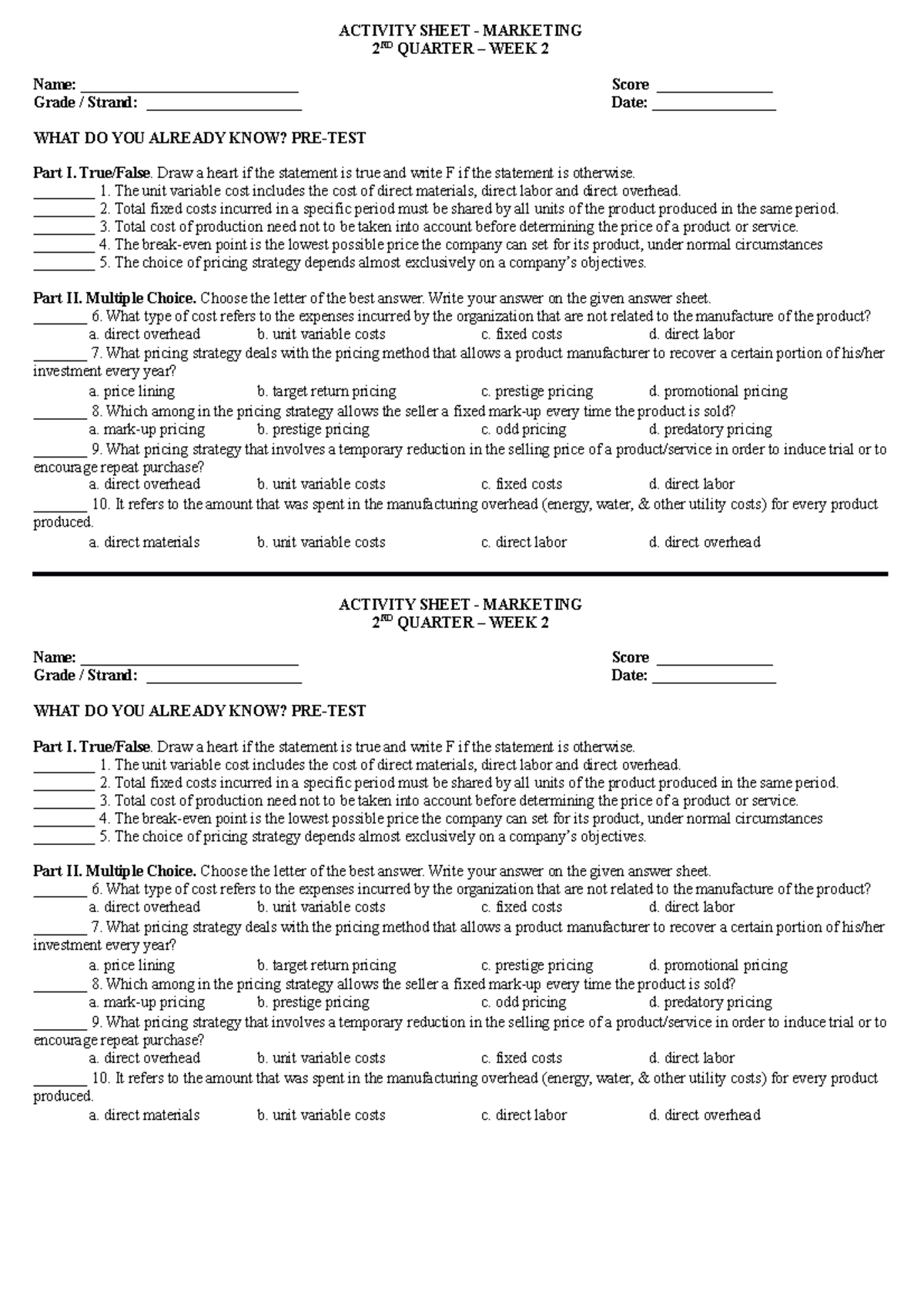 Activity Sheet - week 2 - Quarter 2 - ACTIVITY SHEET - MARKETING 2 ND ...