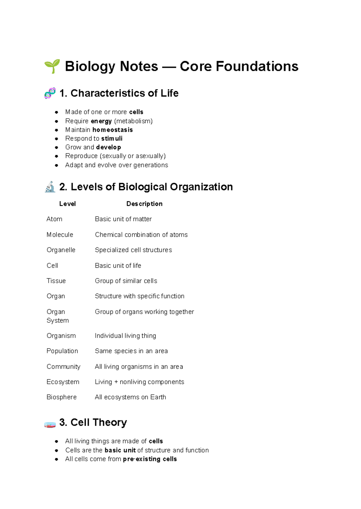 Biology Notes CH1: Core Foundations and Characteristics of Life - Studocu