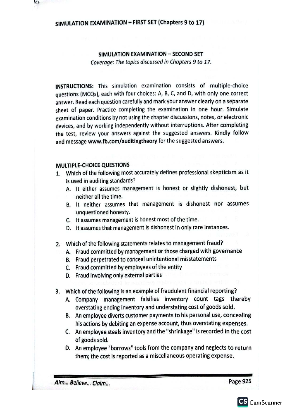 CS SIMULATION EXAMINATION SET 1 (Chapters 9-17) Questions ...