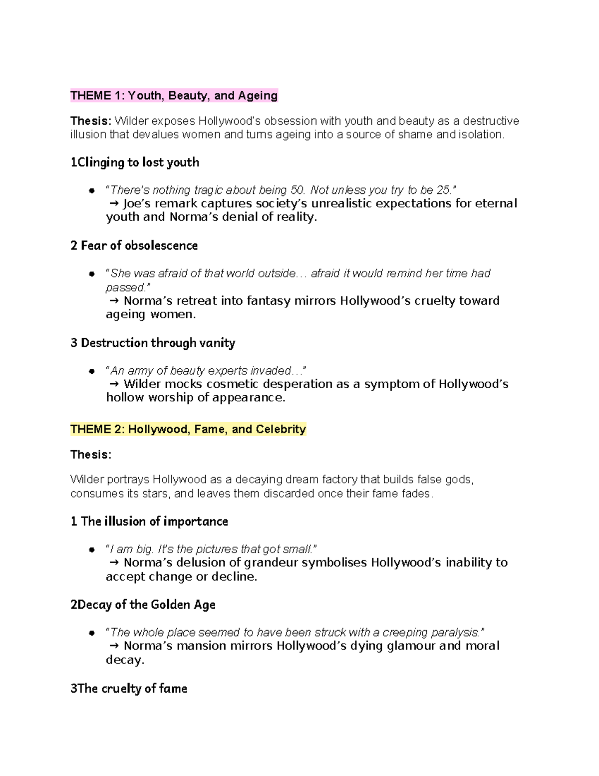 English Exam - Finale - SUNSET BOULEVARD Notes on Themes and Analysis ...