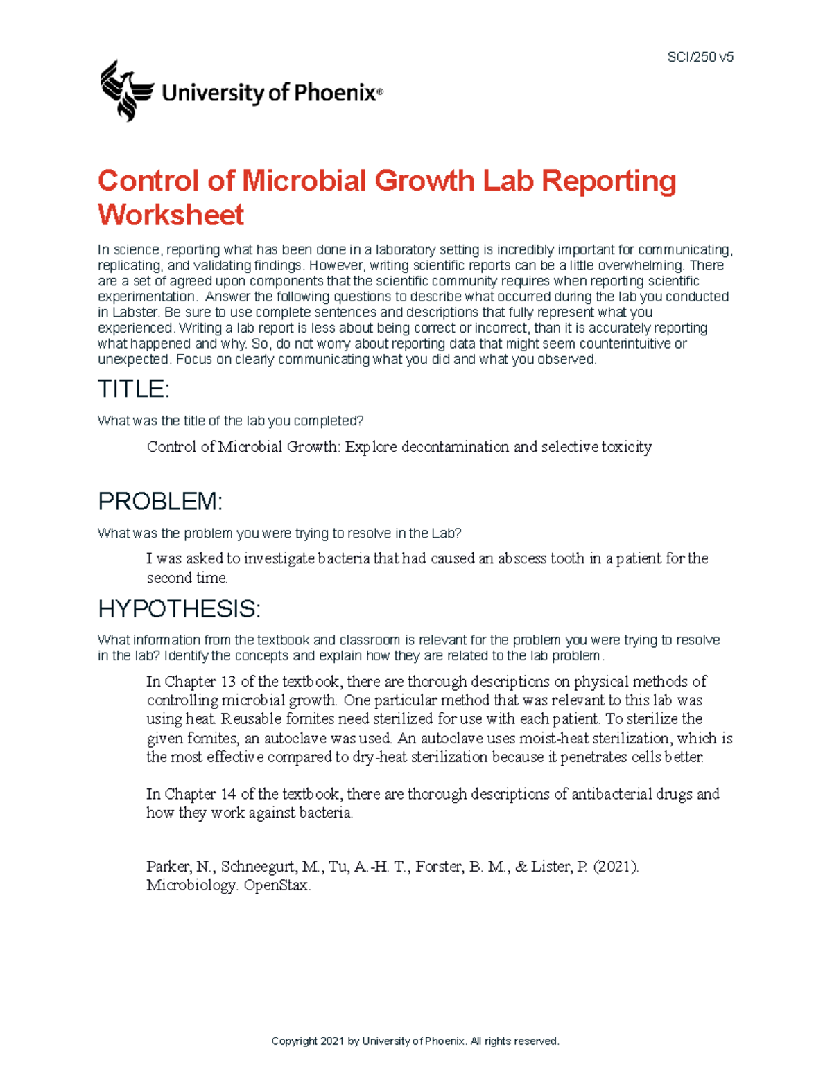 Sci250 v5 wk4 control of microbial growth lab report - SCI/250 v ...