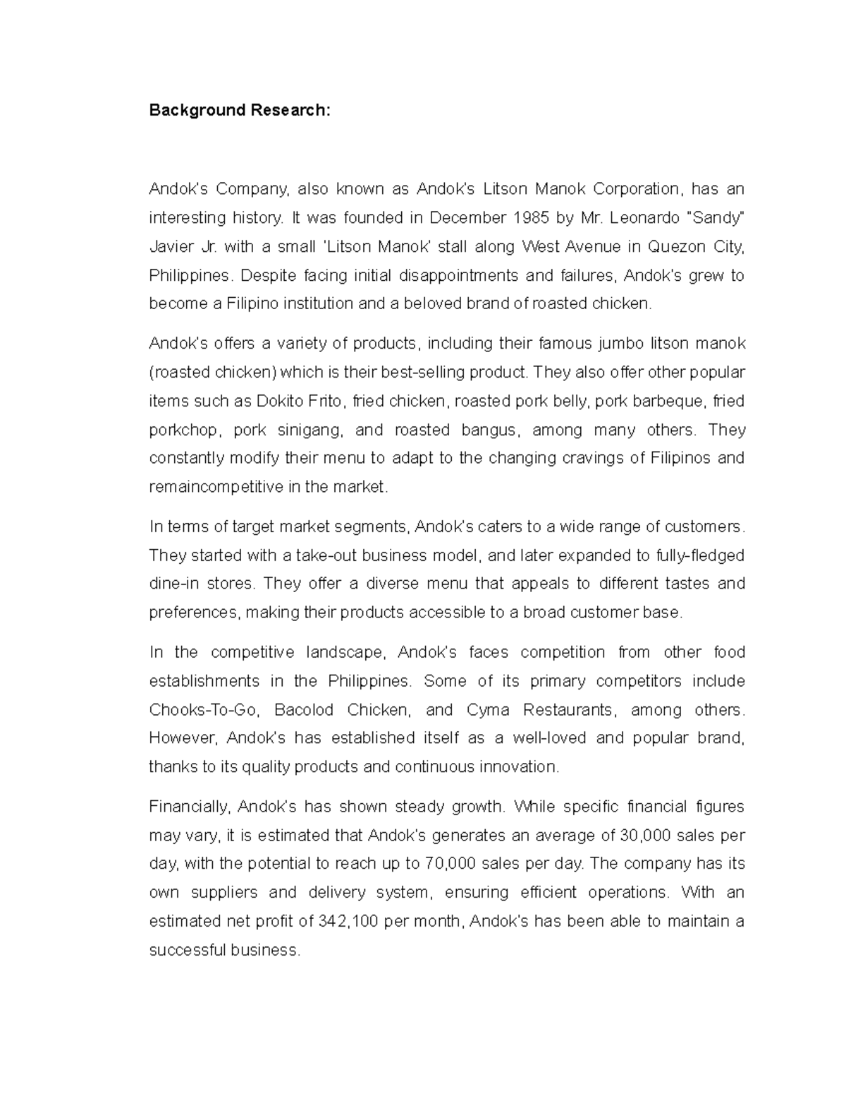 Andok's Litson Manok Corp: Internal & External Competitive Analysis ...
