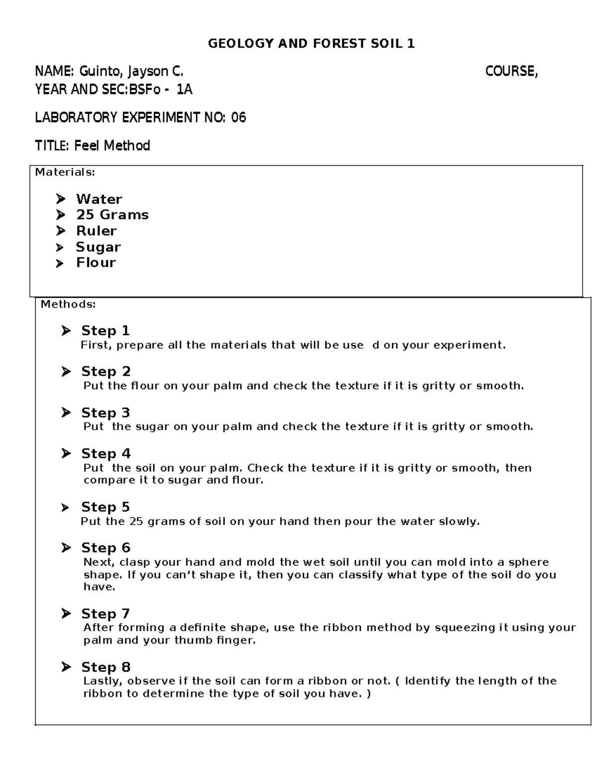 GEOLOGY AND FOREST SOIL (BSFo 1A) Lab Experiment 06: Feel Method ...