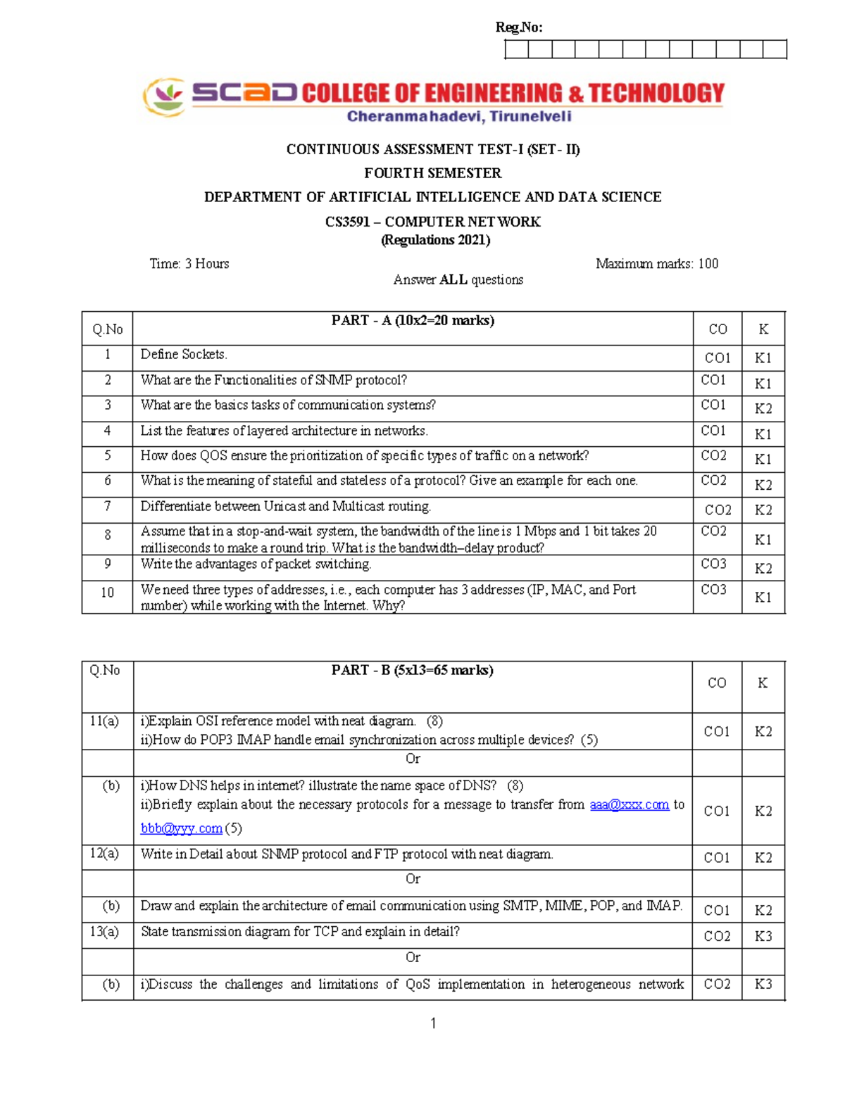 CAT-1 SET 1 CS3591 COMPUTER NETWORK - CONTINUOUS ASSESSMENT II - Studocu