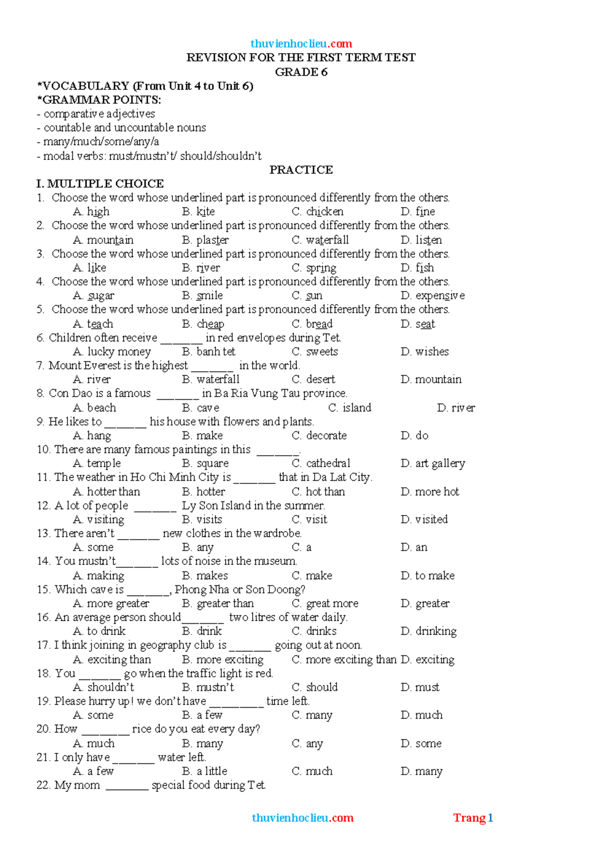 REVISION FOR GRADE 6 FIRST TERM TEST (Units 4-6) - thuvienhoclieu.com ...
