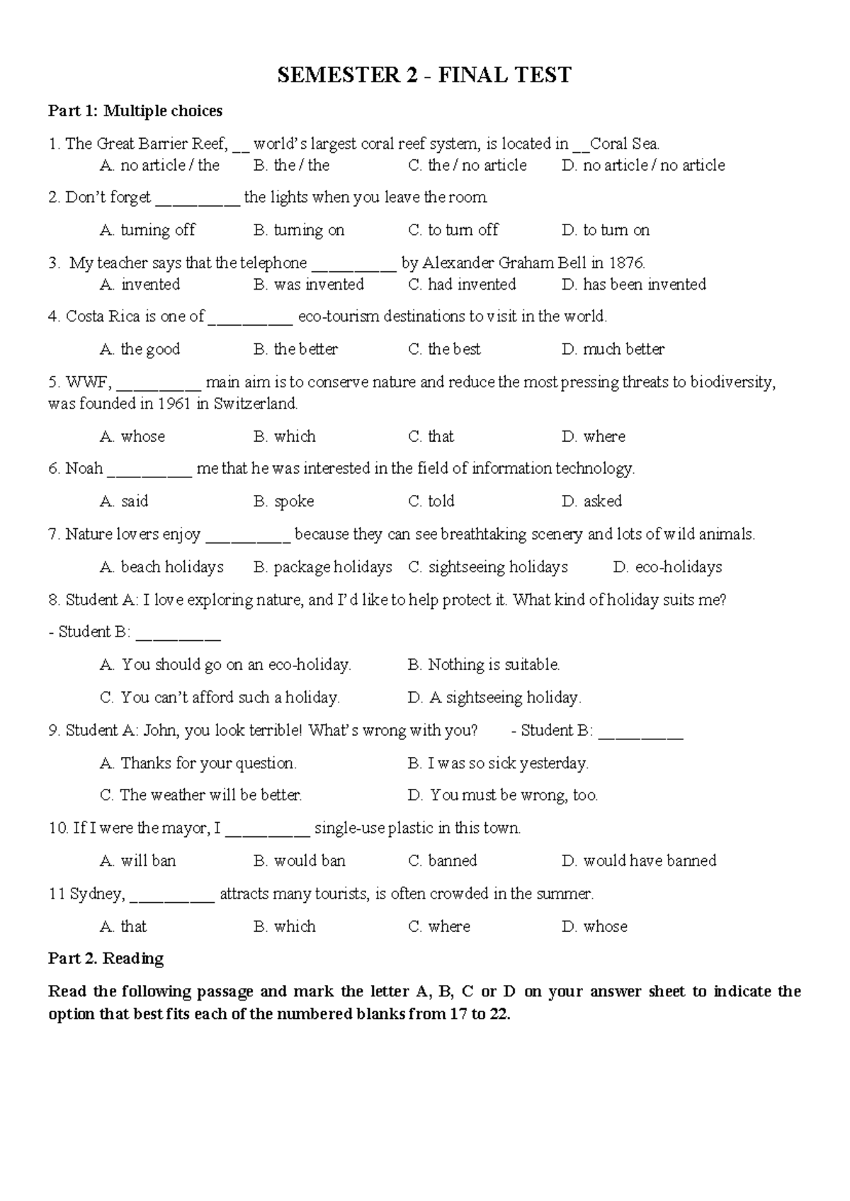 SEM 2 FINAL TEST: Multiple Choice & Reading Comprehension - Studocu