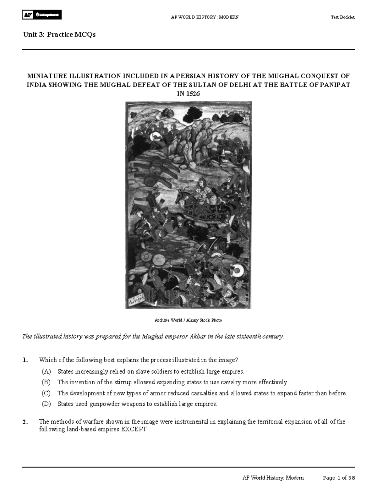 AP WORLD HISTORY: MODERN Unit 3 Test Booklet - Practice MCQs on Mughal ...