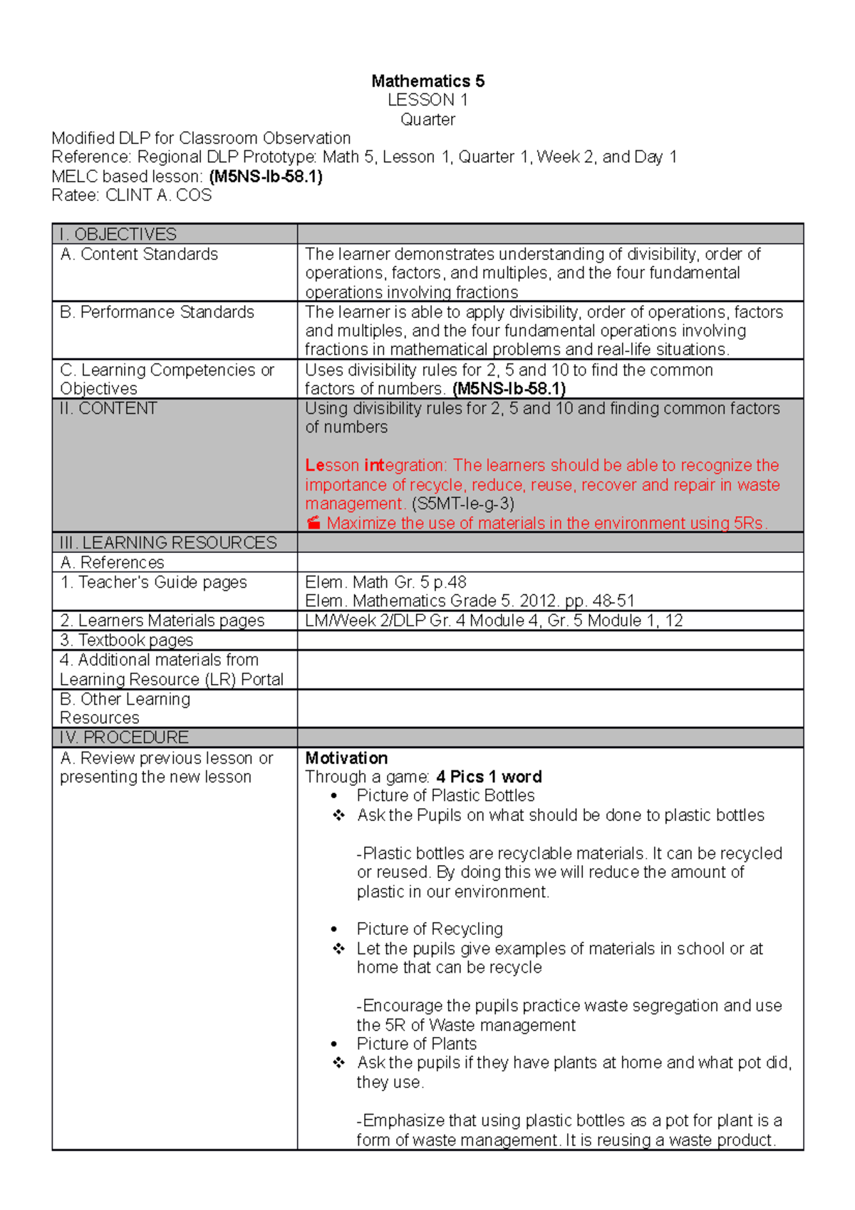 Mathematics 5 LP - Lesson Plan for Divisibility and Factors - Studocu