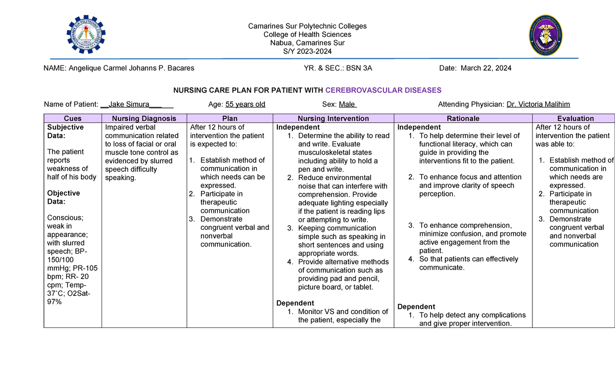Nursing Care Plans - Camarines Sur Polytechnic Colleges College of Health Sciences Nabua ...