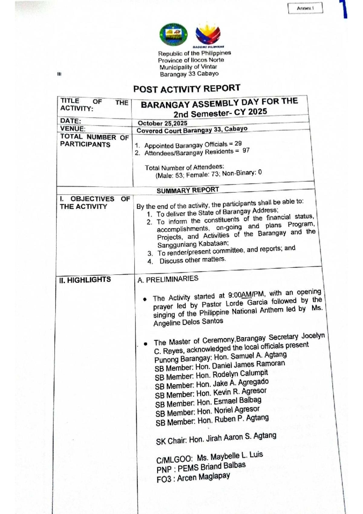 Barangay Assembly Day Post Activity Report - 2nd CY 2025 - Studocu