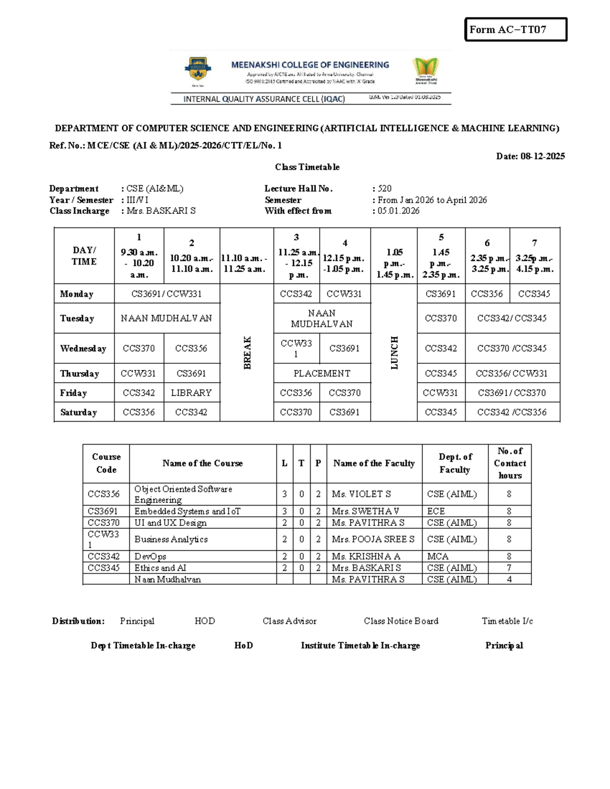 CSE (AIML) Class Timetable: Jan-Apr 2026 - Studocu