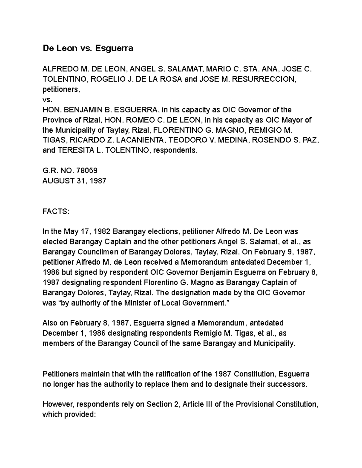 De Leon vs. Esguerra: Case Digest on Barangay Elections and Authority ...