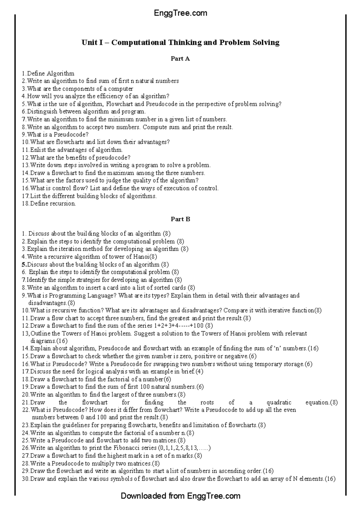 CS101: Question Bank on Computational Thinking & Problem Solving - Studocu