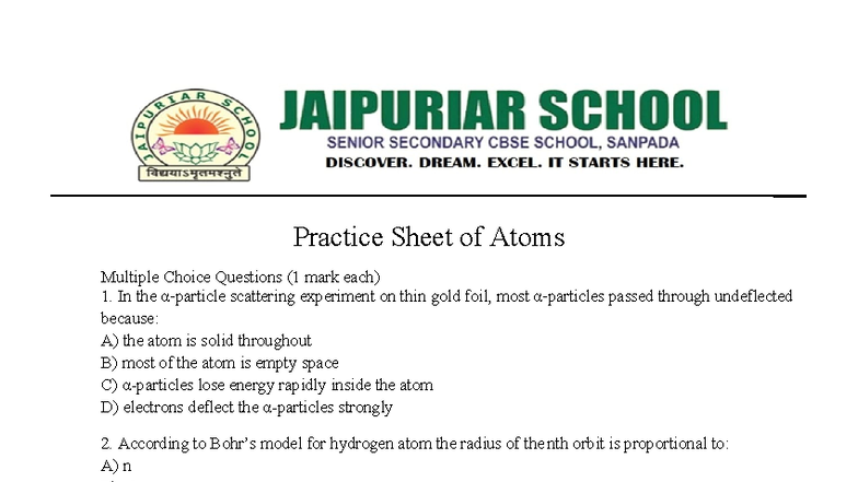 Atoms MCQ Practice Sheet for Course Code PP121125 - Studocu