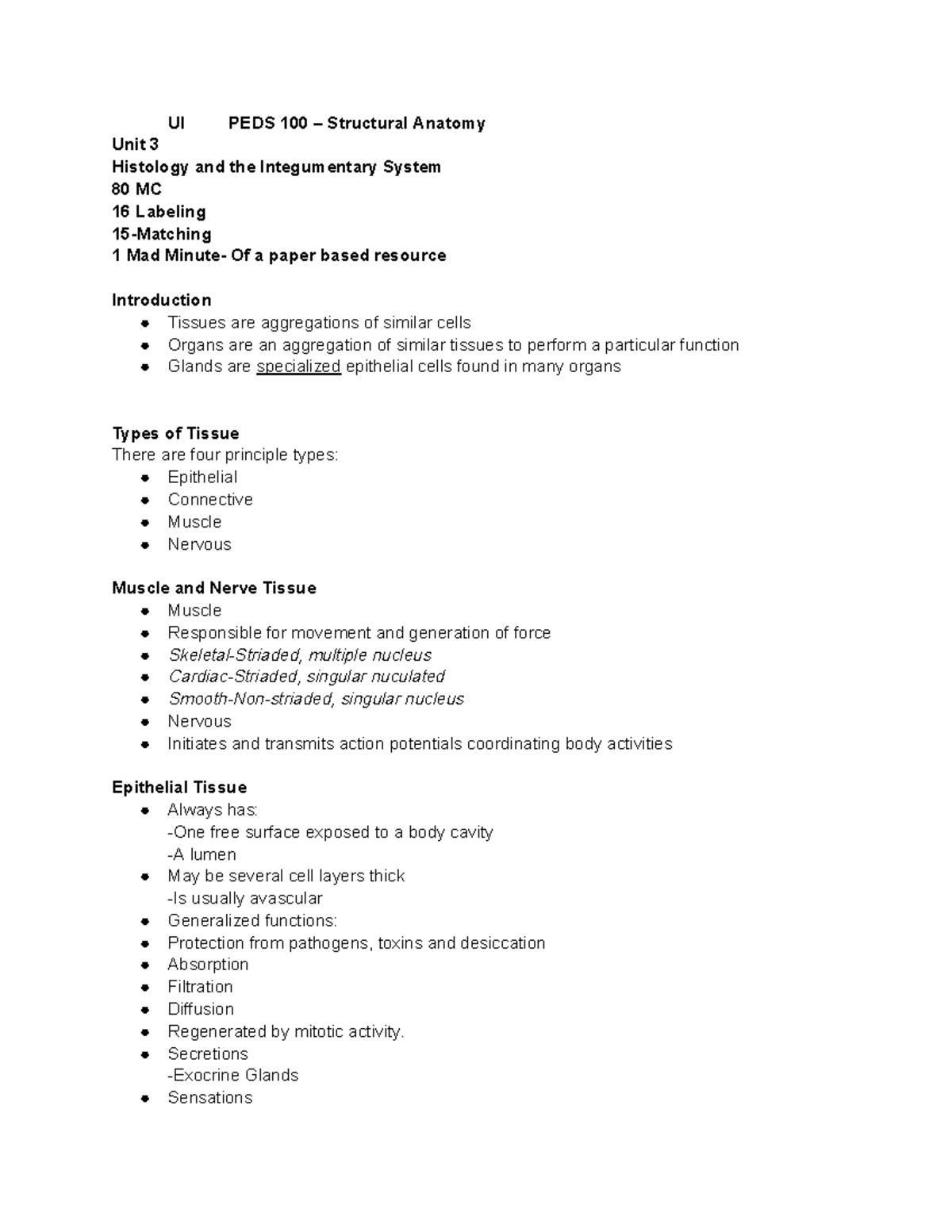 PEDS 100 Unit 3 Notes: Histology & Integumentary System Overview - Studocu