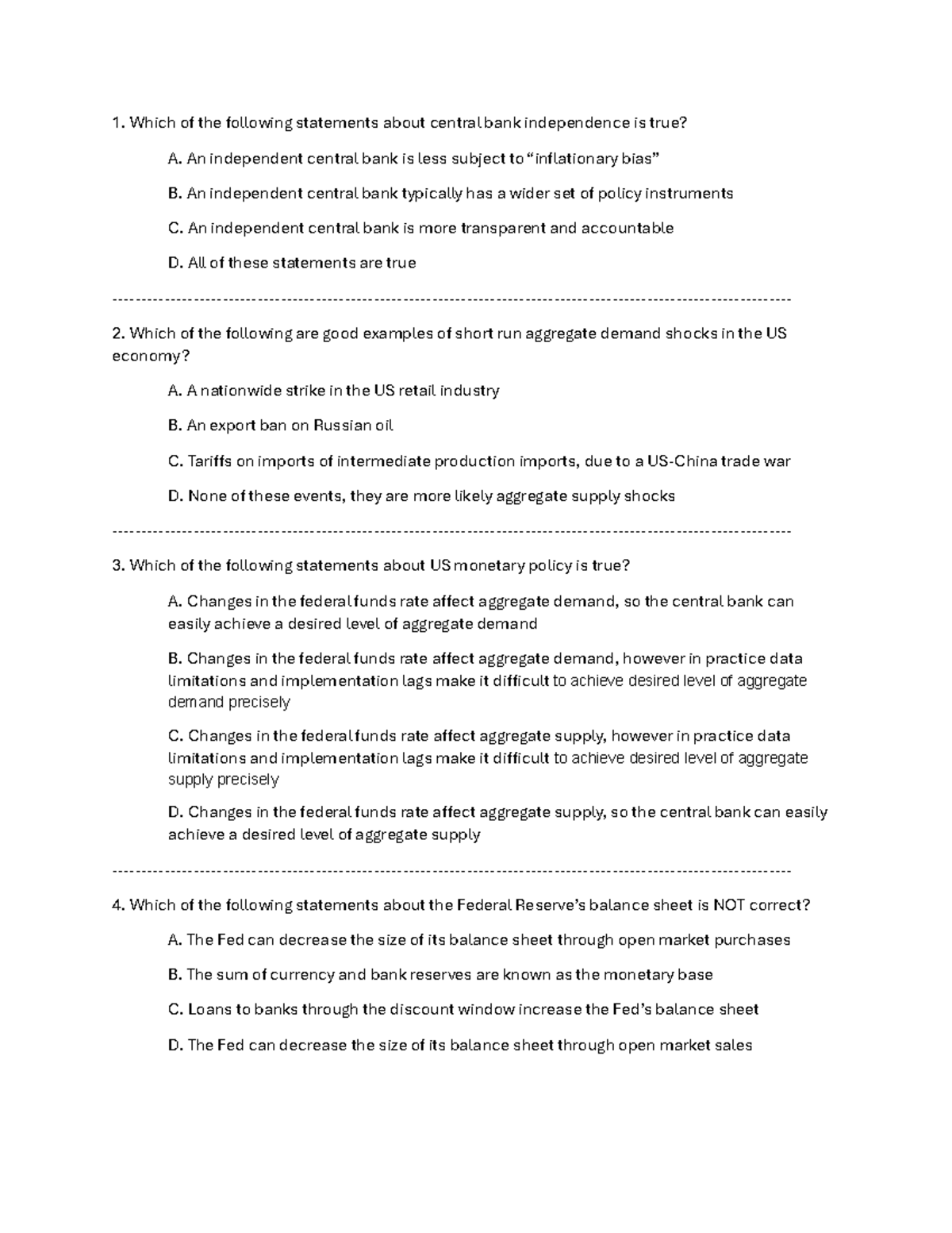 Monetary Policy Strategies and Federal Reserve Tools: Mock Final Exam ...