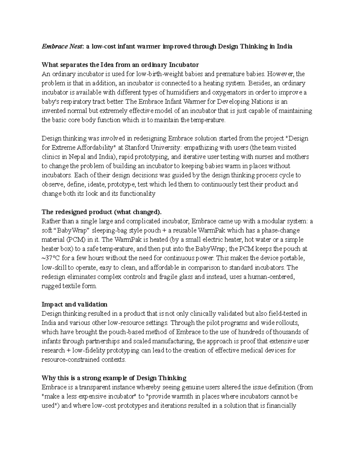 Embrace Infant Warmer: A Design Thinking Case Study (SEMSTER) - Studocu