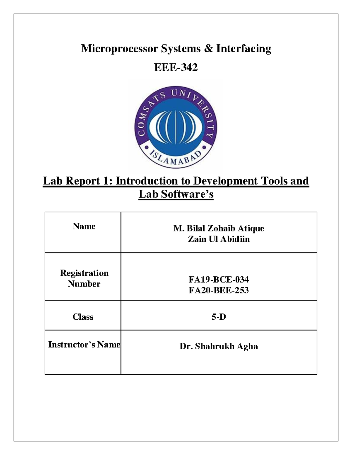 MP Lab 1 FA19-BCE-034 - Microprocessor Systems and Interfacing Lab ...