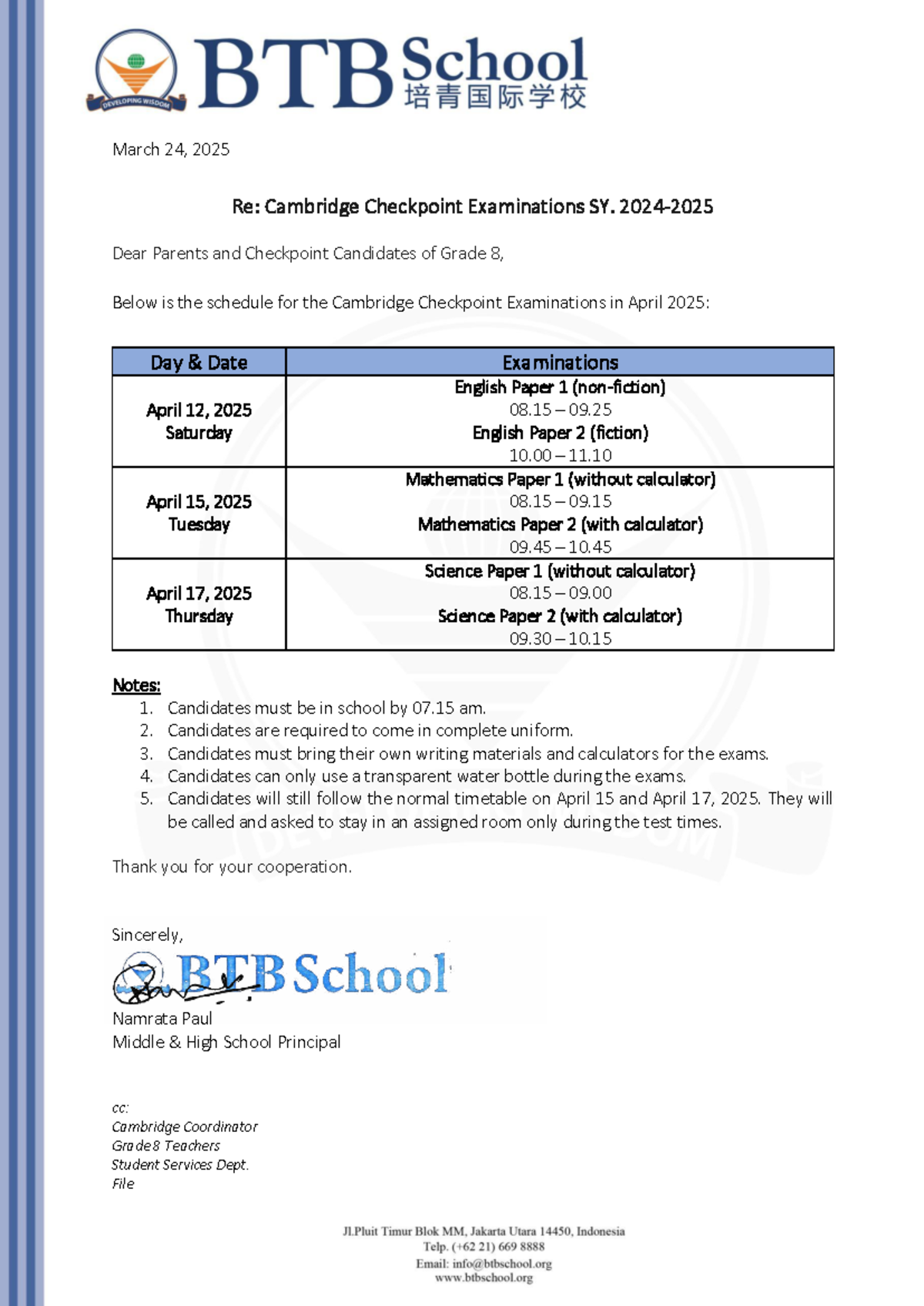 Cambridge Checkpoint Exams Schedule for SY 2024-2025 - Studocu