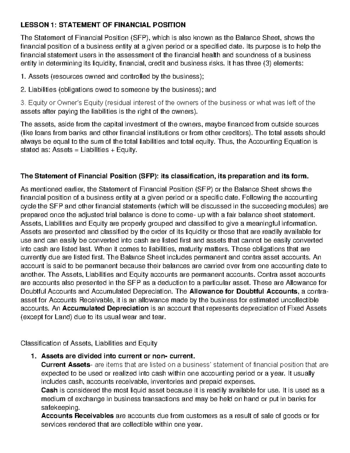 Lesson-1-SFP - Notes on FABM 2 - LESSON 1: STATEMENT OF FINANCIAL ...