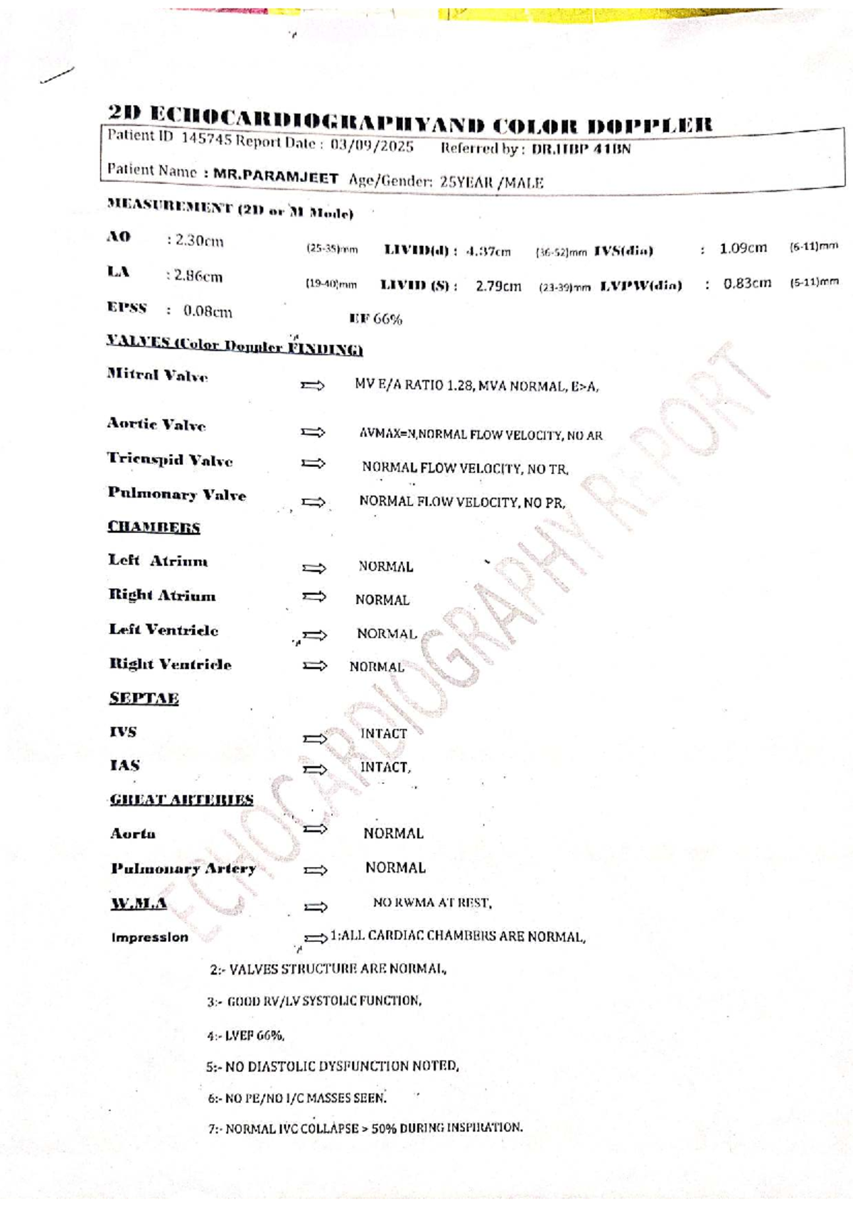 2D ECHOCARDIOGRAPHY & COLOR DOPPLER REPORT - Patient ID 145745 - Studocu