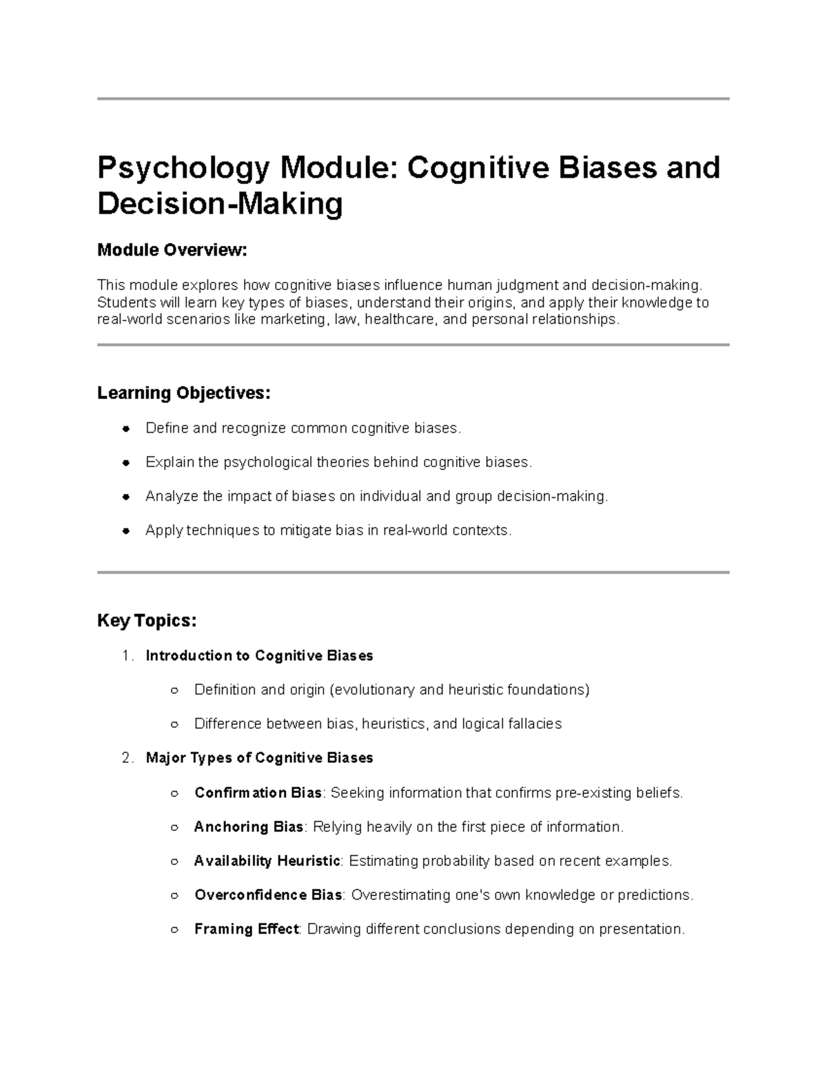 PSY 101: Cognitive Biases and Their Impact on Decision-Making Module ...
