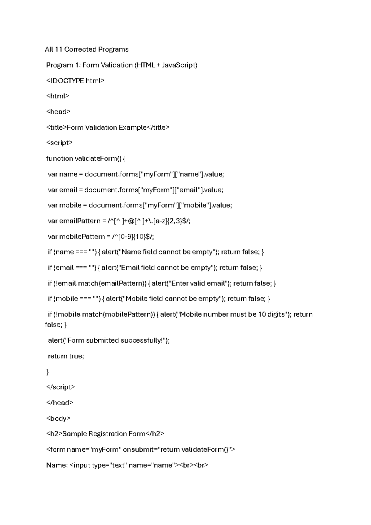 All 11 Corrected Programs: HTML, JS, and PHP Solutions - Studocu