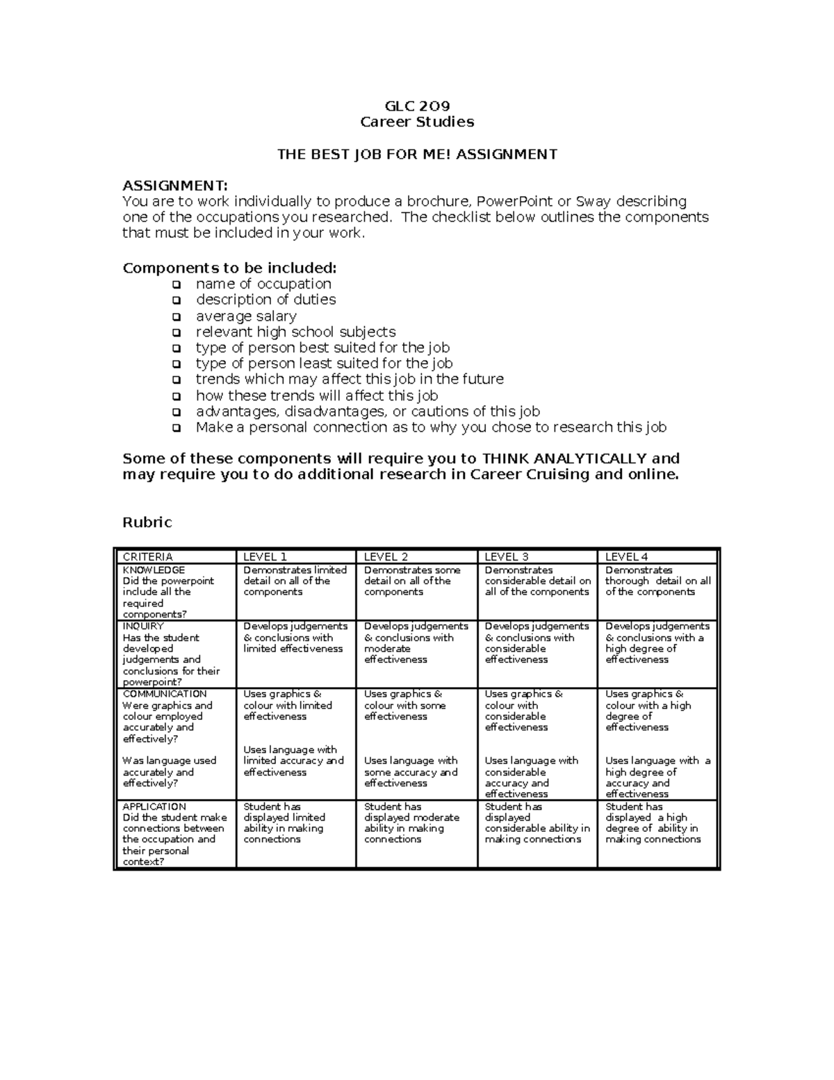 GLC 2O9 Career Studies: The Job For Me Assignment Guide - Studocu