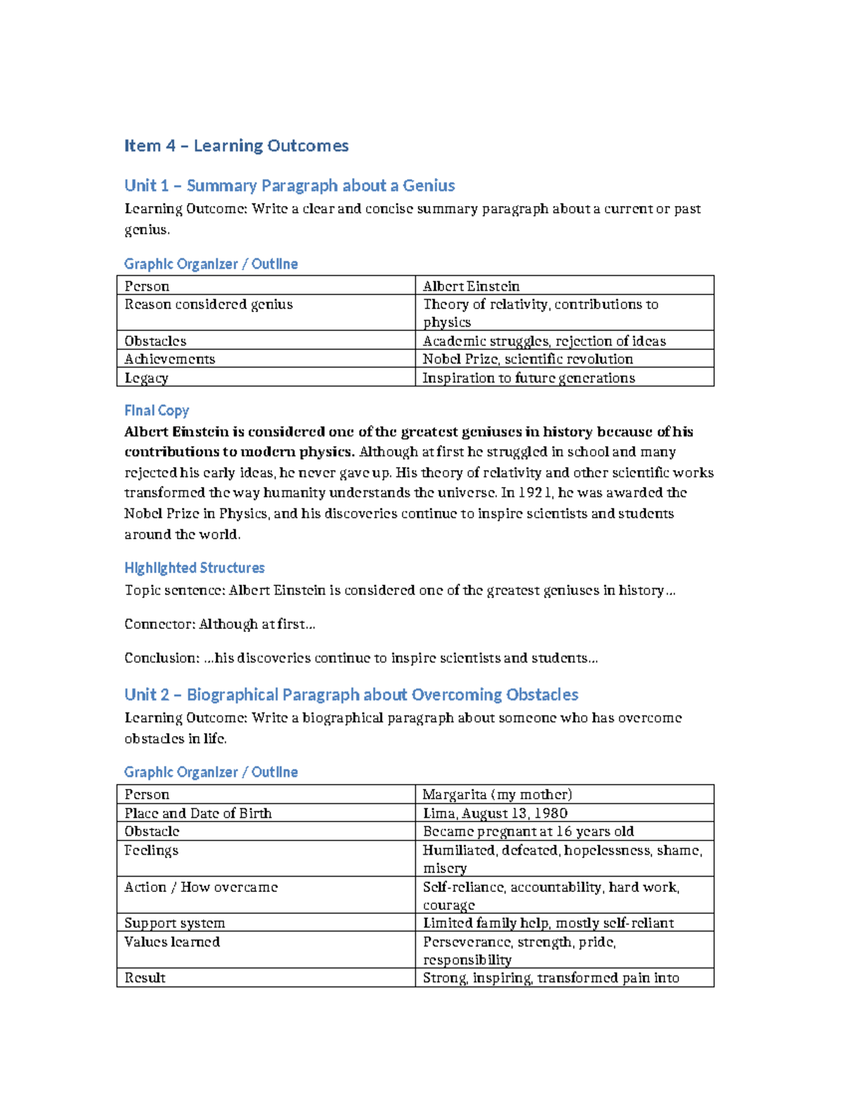 Unit 1-3 Learning Outcomes: Genius, Overcoming Obstacles & Education ...