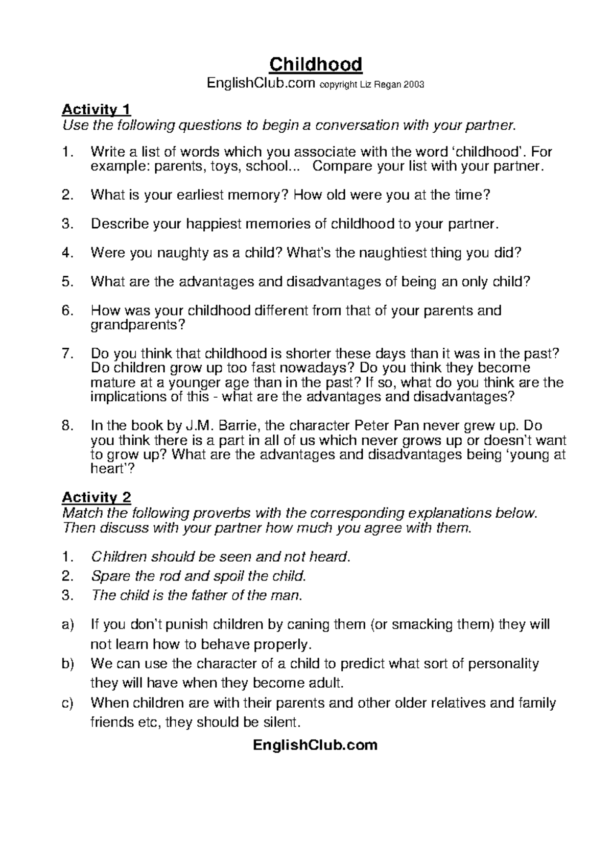 TP Childhood - Conversation Starters and Proverbs Activity - Studocu