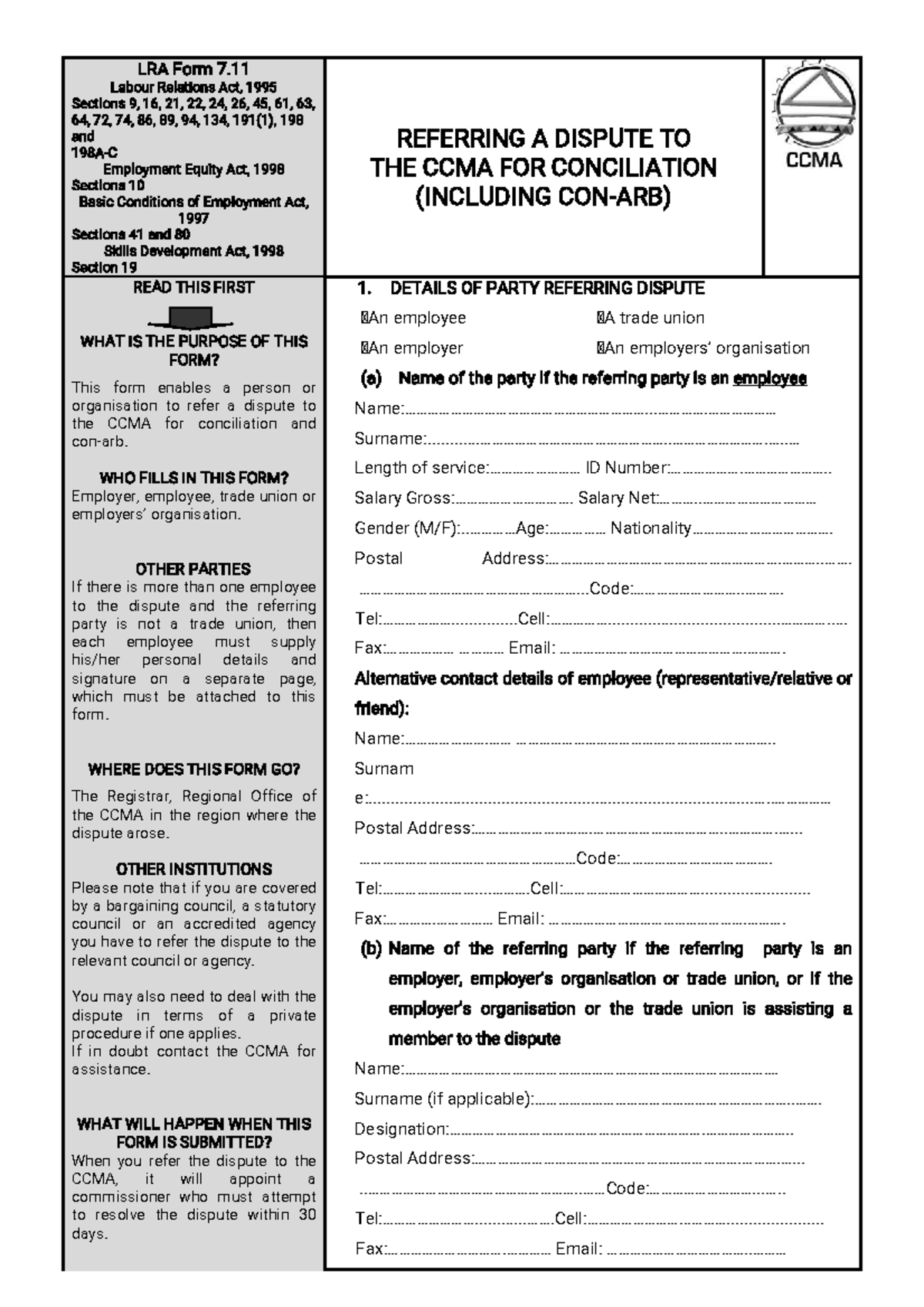 LRA 7.11: Referring a Dispute to the CCMA for Conciliation - Studocu