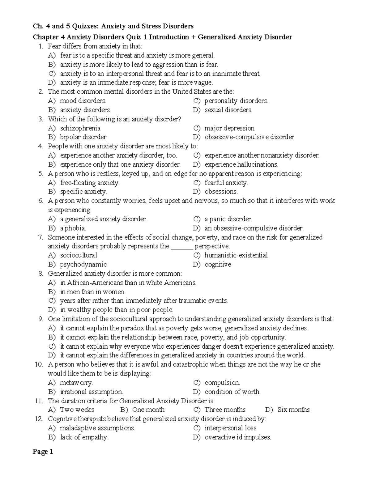 Chapter 4 Anxiety Disorders - Quiz 1 & 3 Review Notes - Studocu