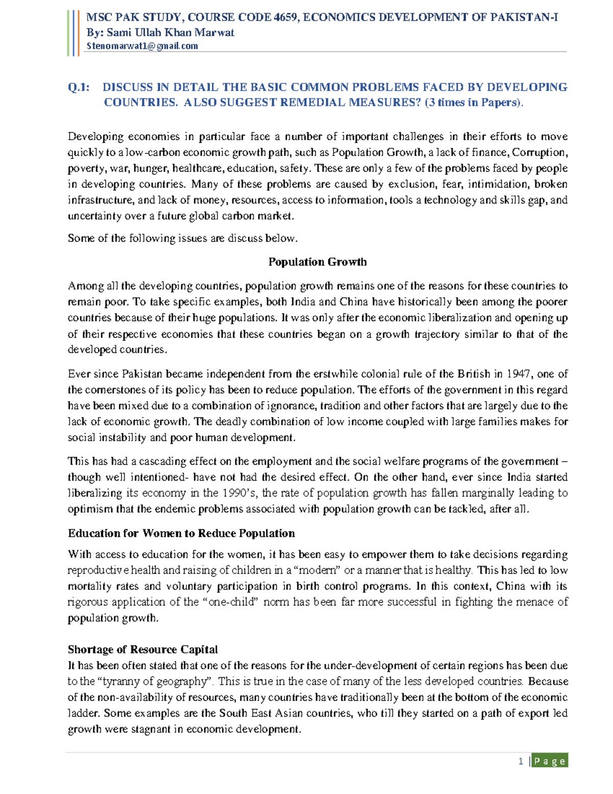 MSC PAK STUDY, COURSE CODE 4659, ECONOMIC CHALLENGES IN DEVELOPING ...